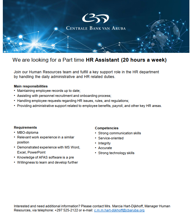 Vacancy Human Resources Assistant - Human Resources Assistant - Working at the CBA